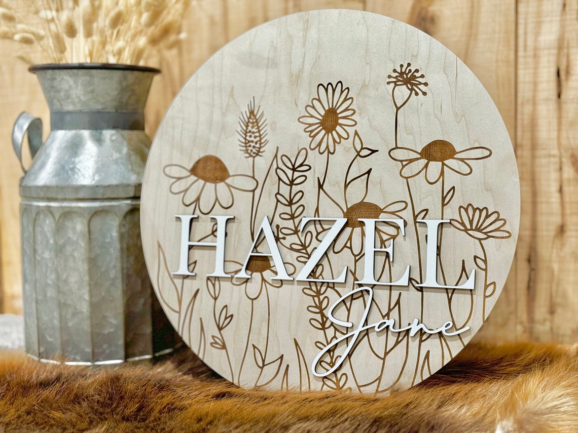 Nursery Wildflower Round Name Sign | Personalized Wooden Nursery Sign ...