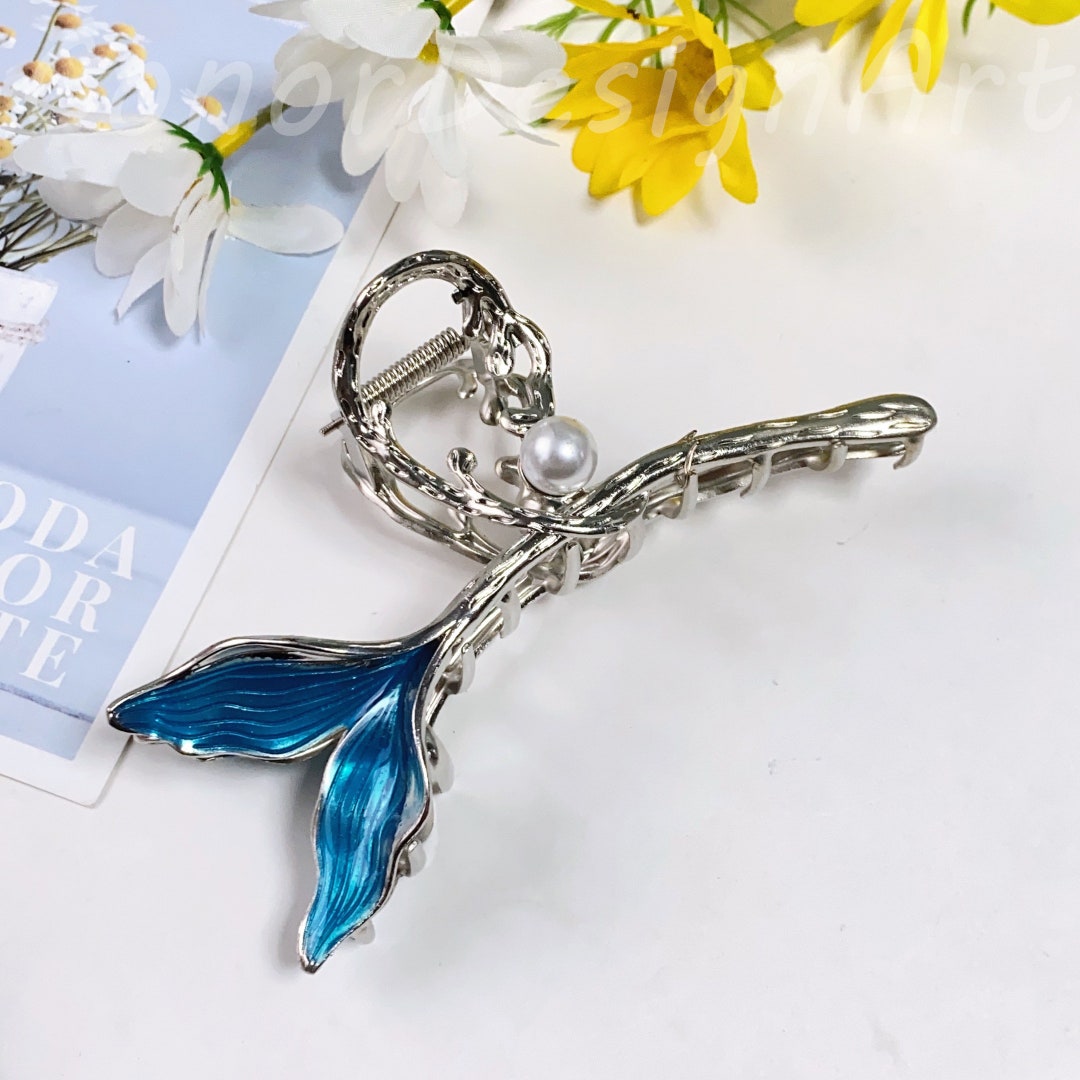 Large Blue Fish Tail Hair Claws, Gem Pearl Starfish Mermaid Tail Hair ...
