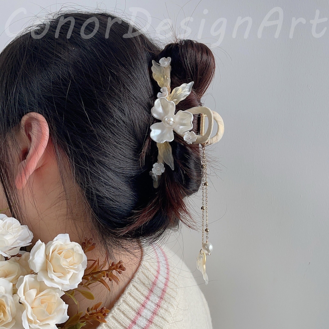 Vintage Elegant Flowers Hair Claw Clips,large Golden White Pearl Flower ...