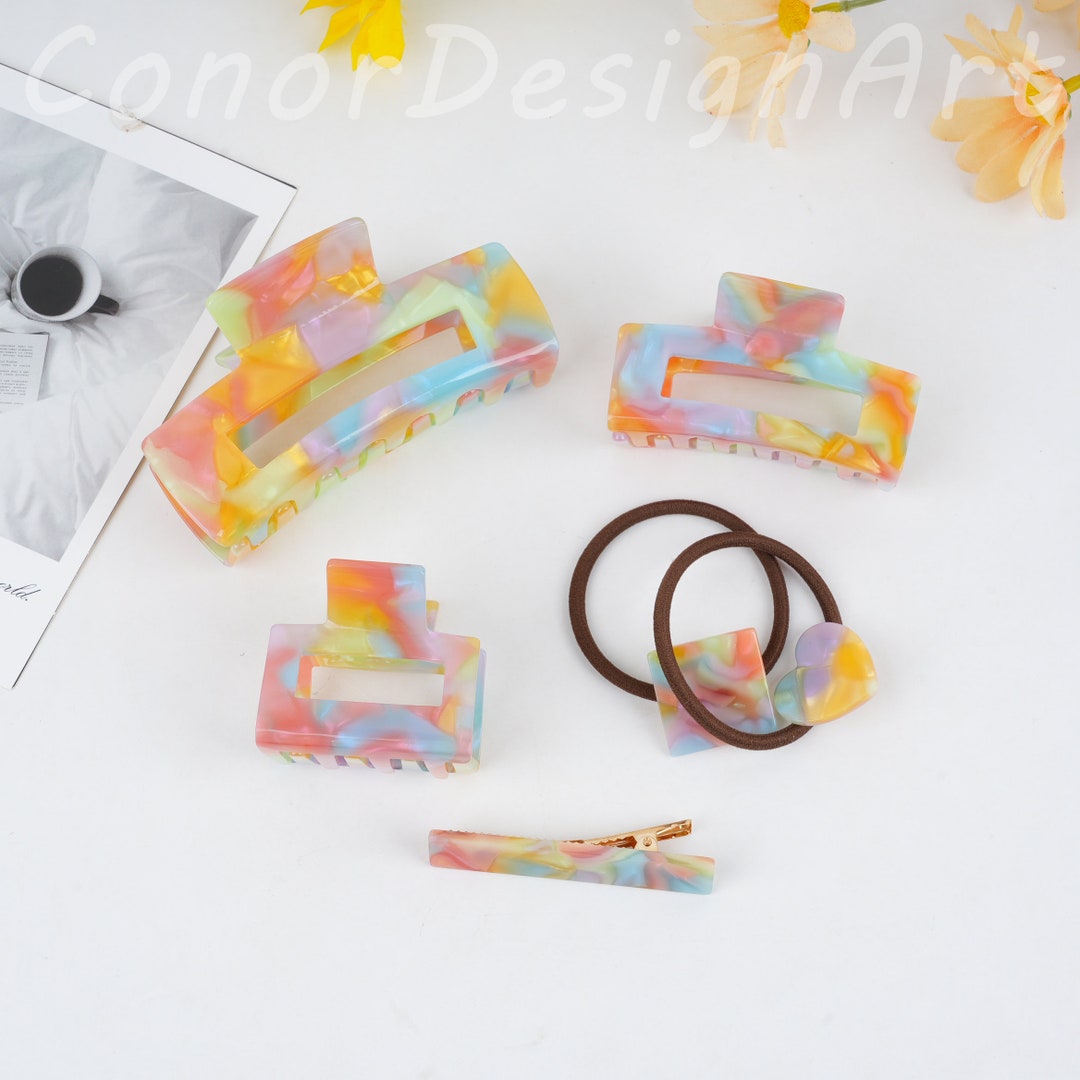 Rainbow Candy Summer Hair Claw Clip,hollow Square Rectangular Acetate ...