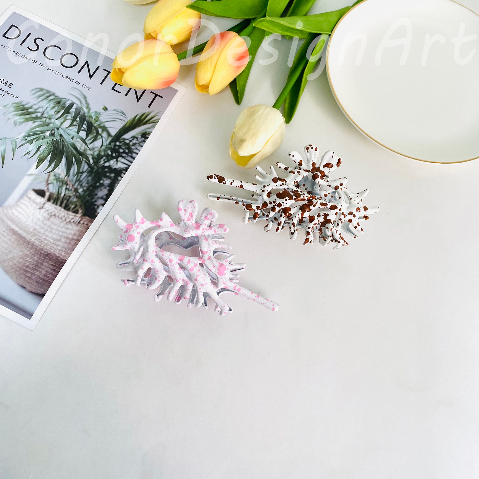 Novel Conch Hair Claws, Khaki Pink Spotted Conch Hair Clamps, Elegant ...