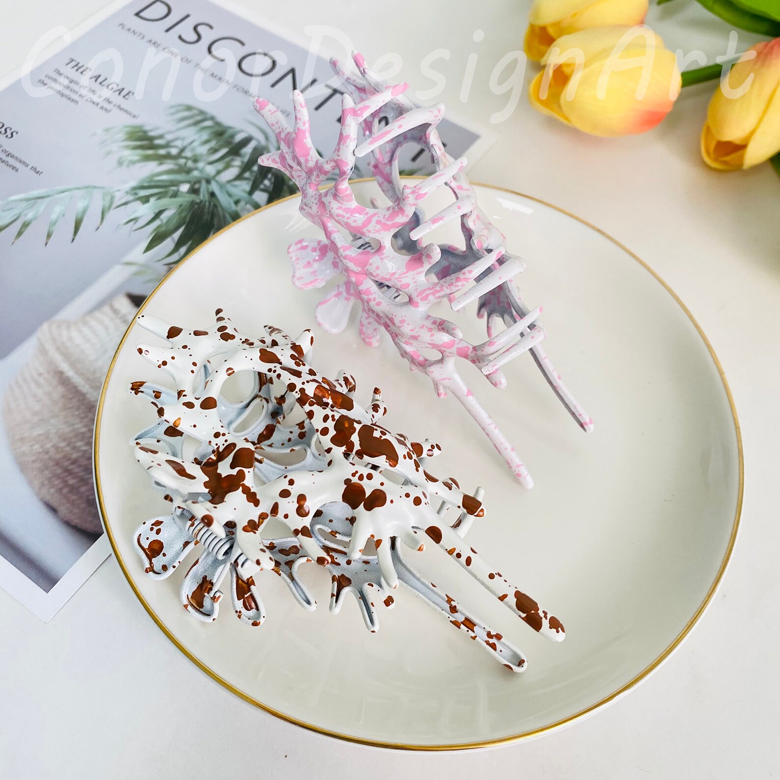 Novel Conch Hair Claws, Khaki Pink Spotted Conch Hair Clamps, Elegant ...