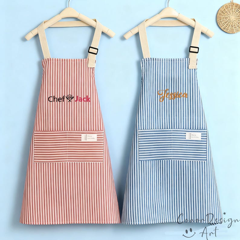 Personalized Embroidered Striped Apron With Pockets,custom Name Chef ...