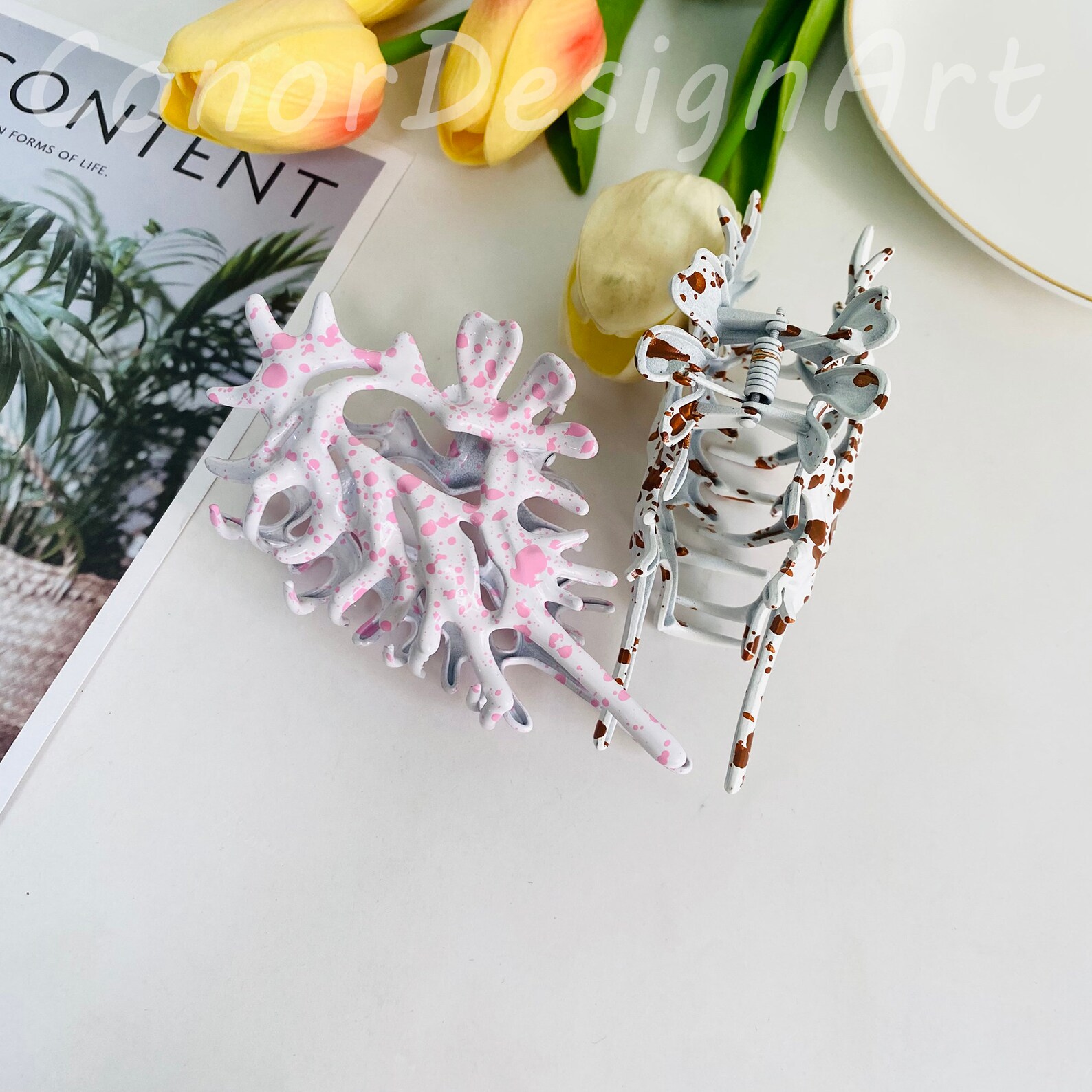 Novel Conch Hair Claws, Khaki Pink Spotted Conch Hair Clamps, Elegant ...