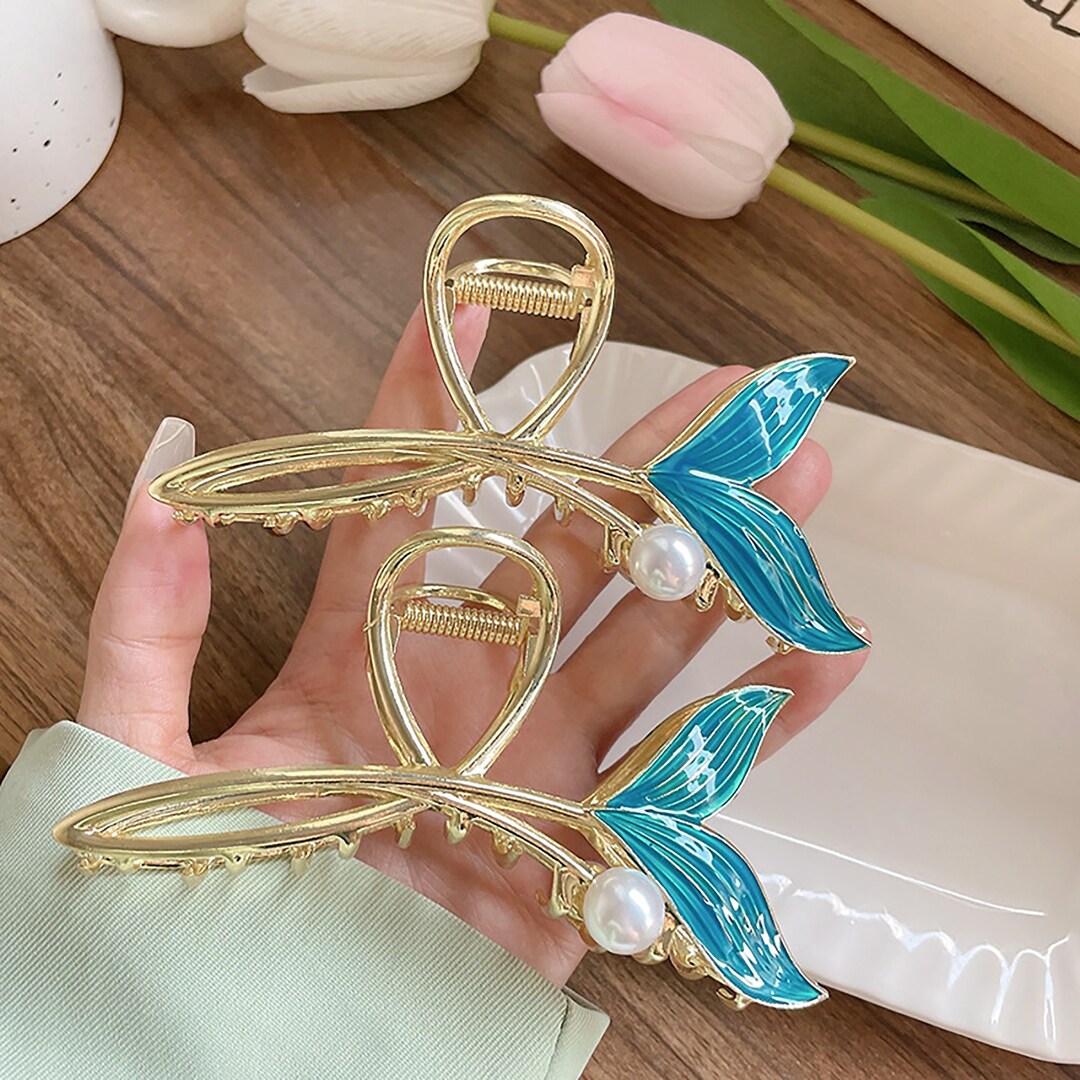 Blue Mermaid Tail Hair Claws Elegant Gold Pearl Fish Tail - Etsy