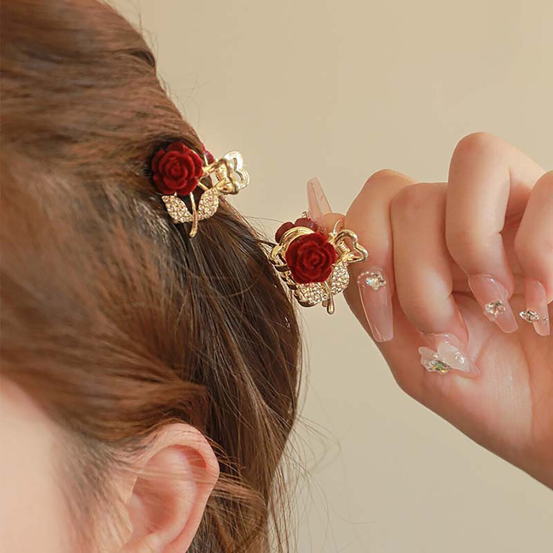 Cute Mini Red Velvet Rose Hair Claw, Rhinestone Rose Small Hair Claw ...