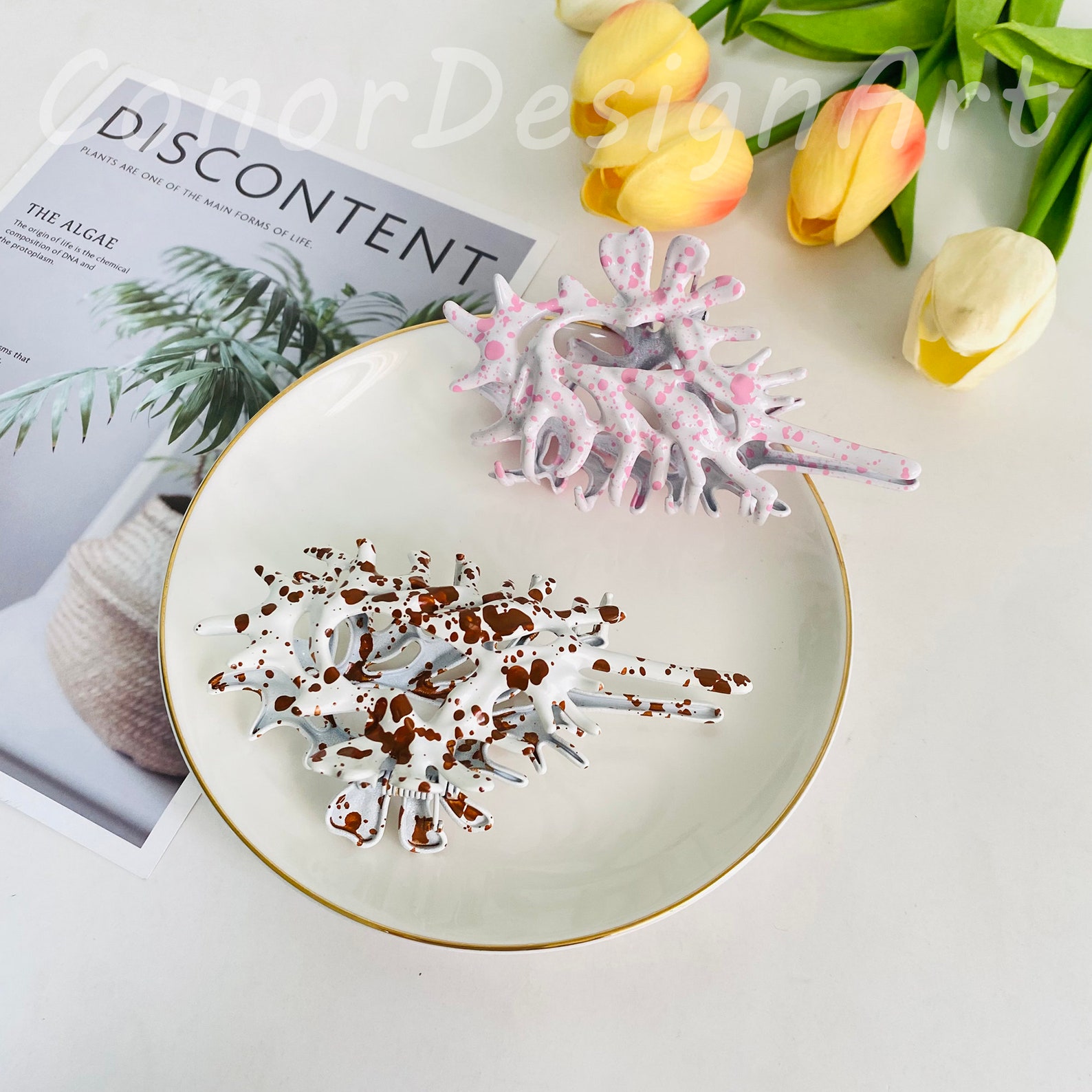 Novel Conch Hair Claws, Khaki Pink Spotted Conch Hair Clamps, Elegant ...