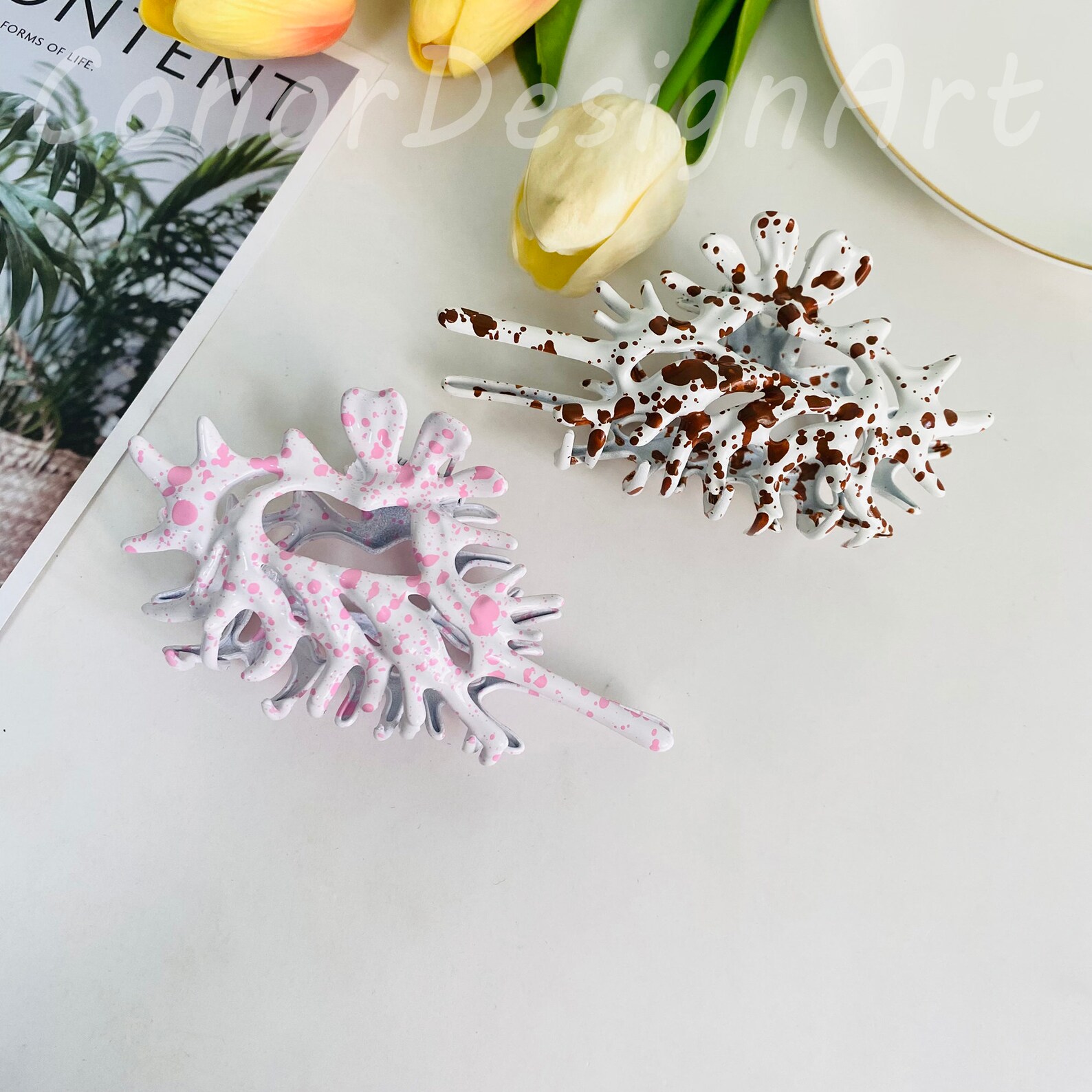 Novel Conch Hair Claws, Khaki Pink Spotted Conch Hair Clamps, Elegant ...