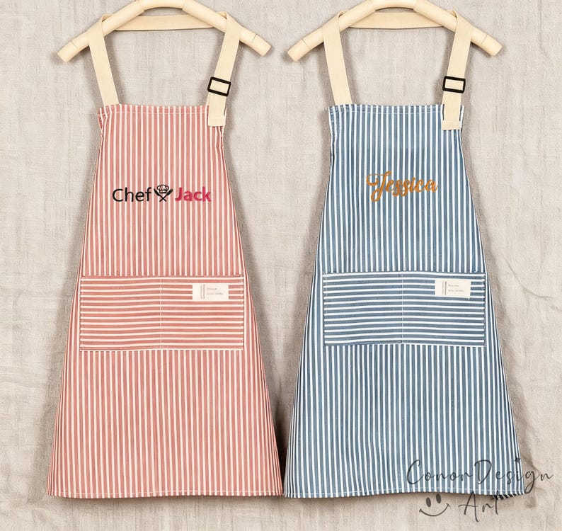 Personalized Embroidered Striped Apron With Pockets,custom Name Chef ...
