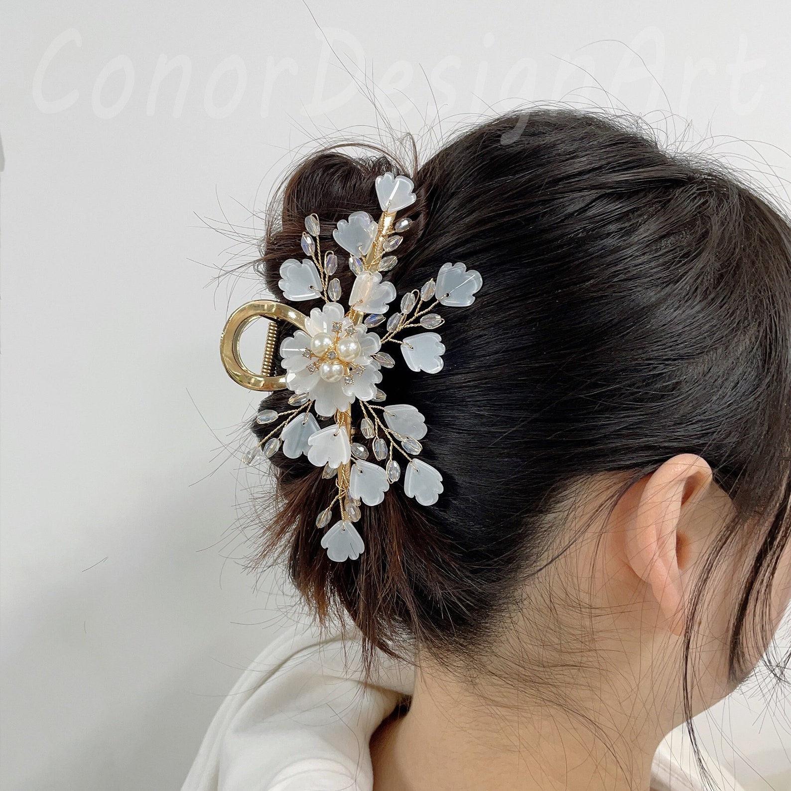 Elegant White Pearl Flower Hair Claw Clips,handwoven Flower Bead Hair ...