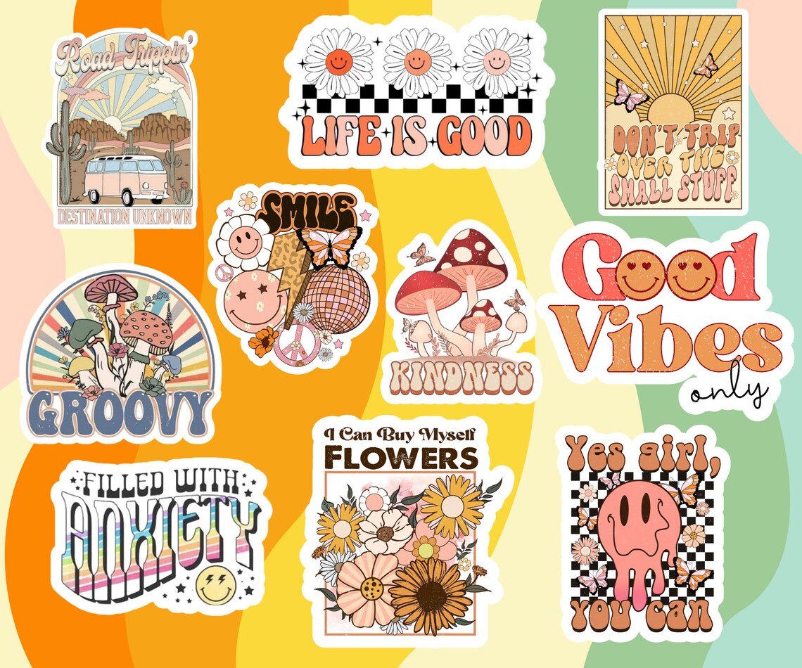 Retro, 20 Count Sticker Pack, Glossy, Vinyl, Groovy, Inspirational ...
