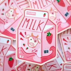 Strawberry Milk Cow Sticker Pink Milk Carton Sticker Yogurt - Etsy