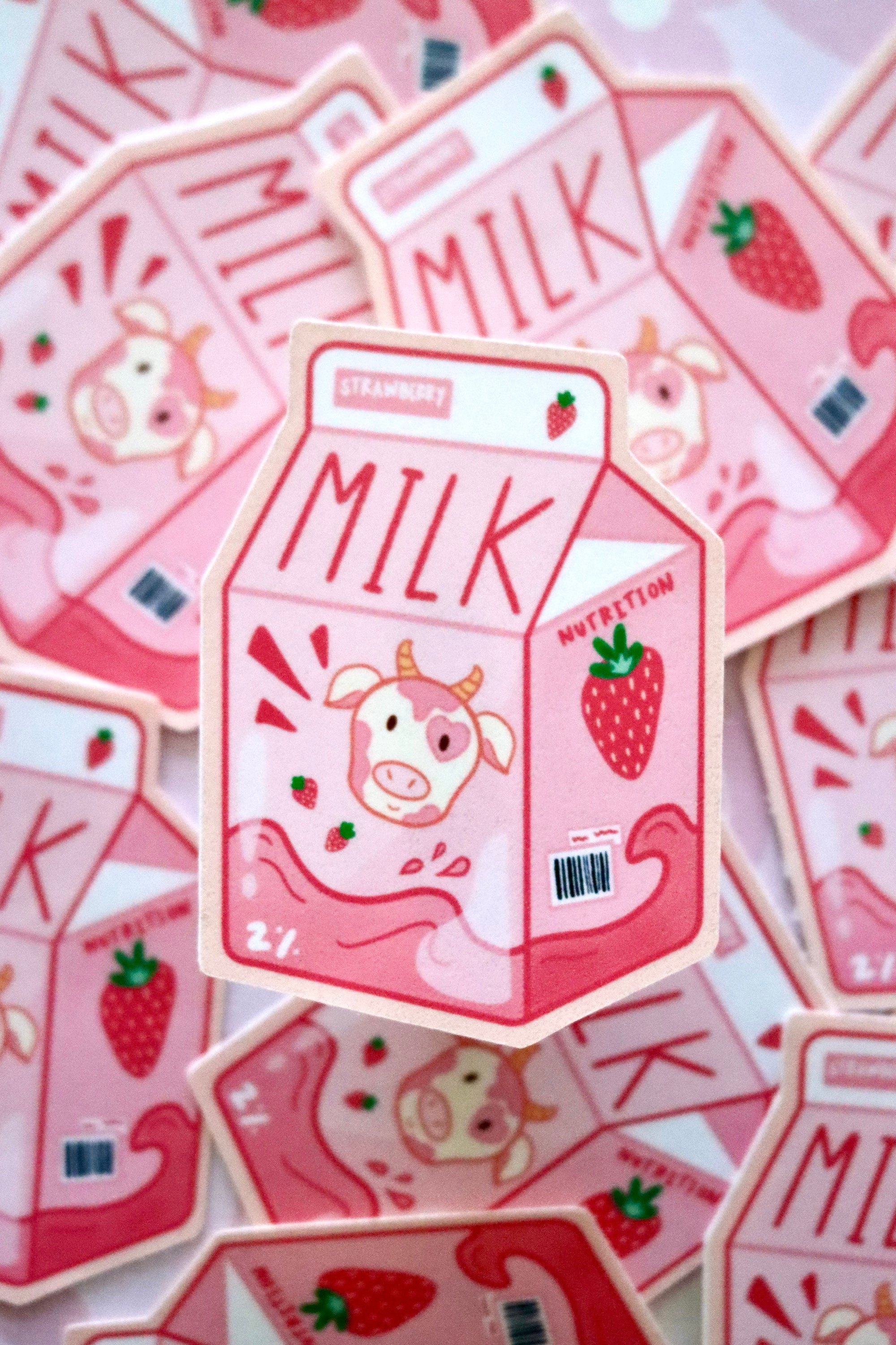 Strawberry Milk Cow Sticker, Pink Milk Carton Sticker, Yogurt Drink ...