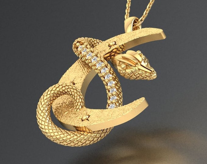 14k Gold Snake Necklace Moon and Snake Pendant Unisex Gift Necklace for ...