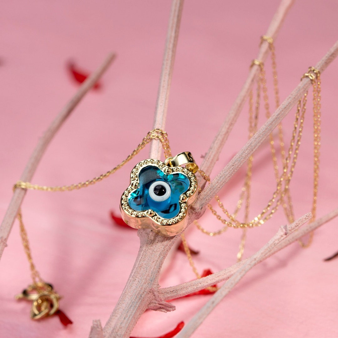 14k Gold Clover Evil Eye Necklace | Four Leaf Clover Charm | Baptism ...
