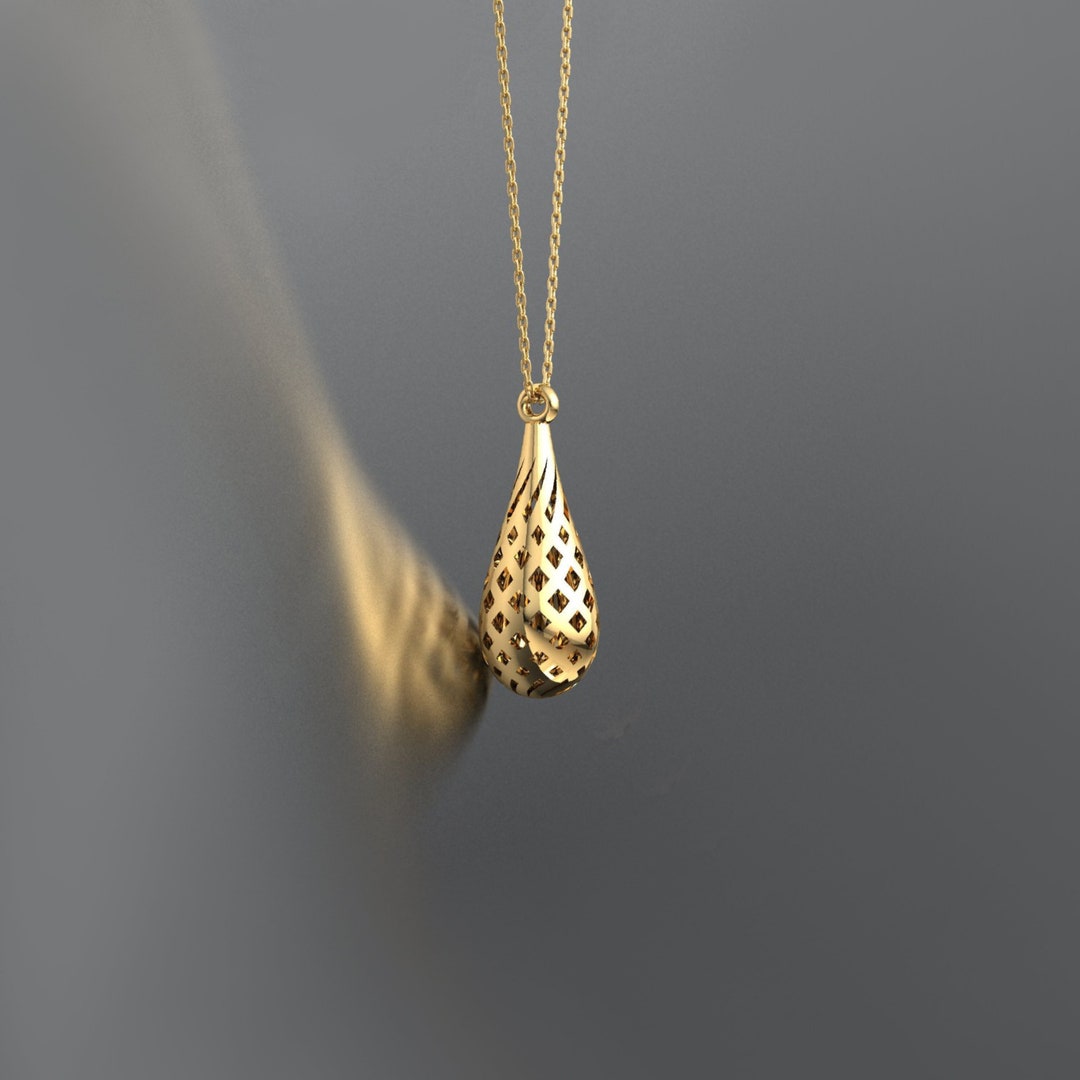14k Gold Tear Drop Necklace, Real Gold Raindrop Pendant, Gift for Women ...