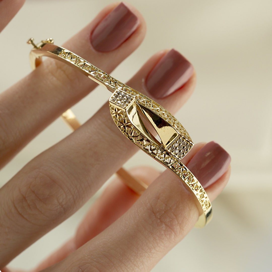 14k Gold Cuff Bangle Bracelet - Gift Fashion Hinged Bracelet for Women ...