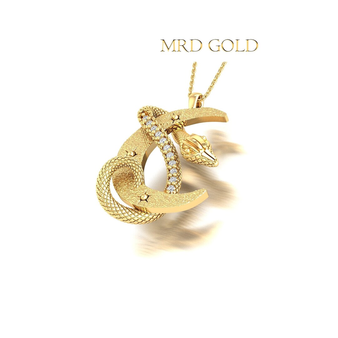14k Gold Snake Necklace Moon and Snake Pendant Unisex Gift - Etsy