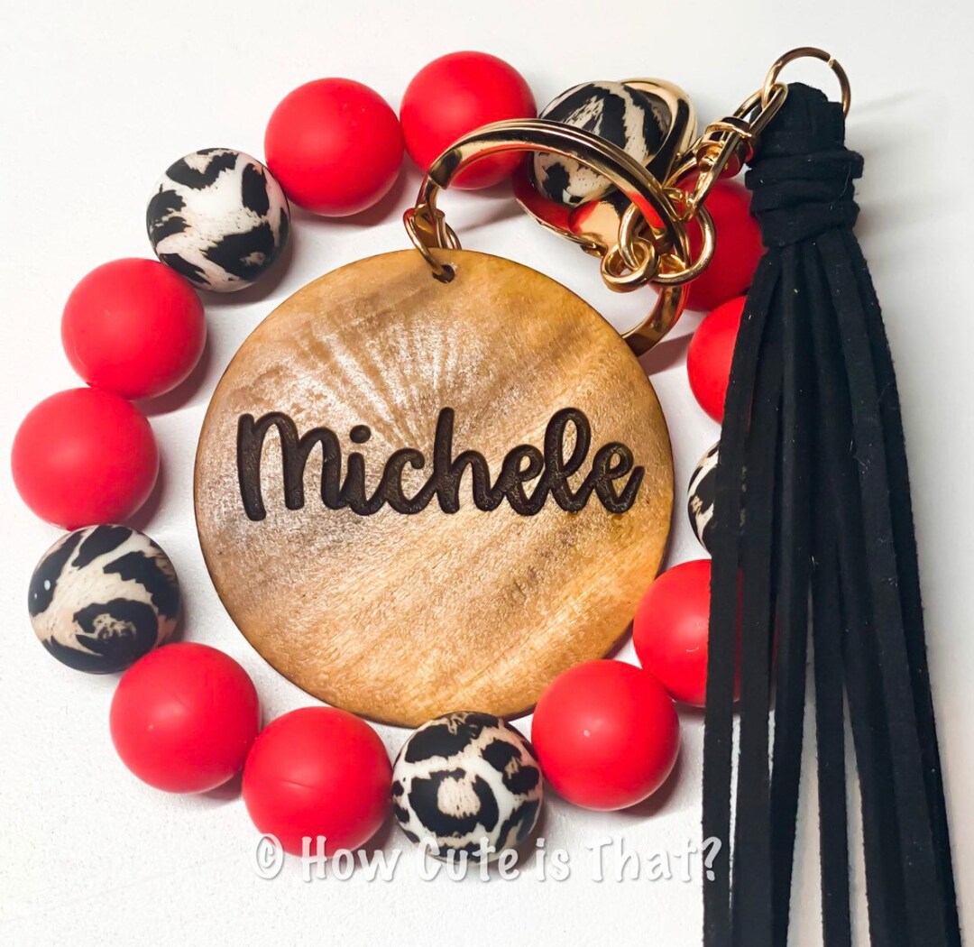 Personalized Silicone Red, Black, and Cheetah Beaded Bracelet Keychain ...