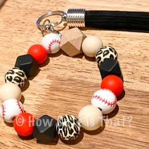 Baseball Mom Keychain Wristlet, Baseball Leopard Silicone and Wood Bead ...