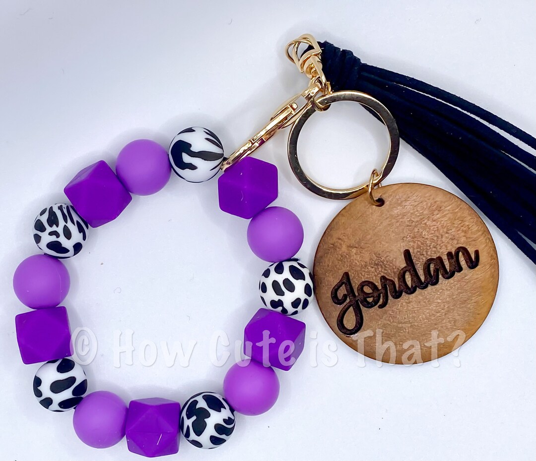 Personalized Purple and Cow Print Wristlet Keychain, Silicone Cow Print ...