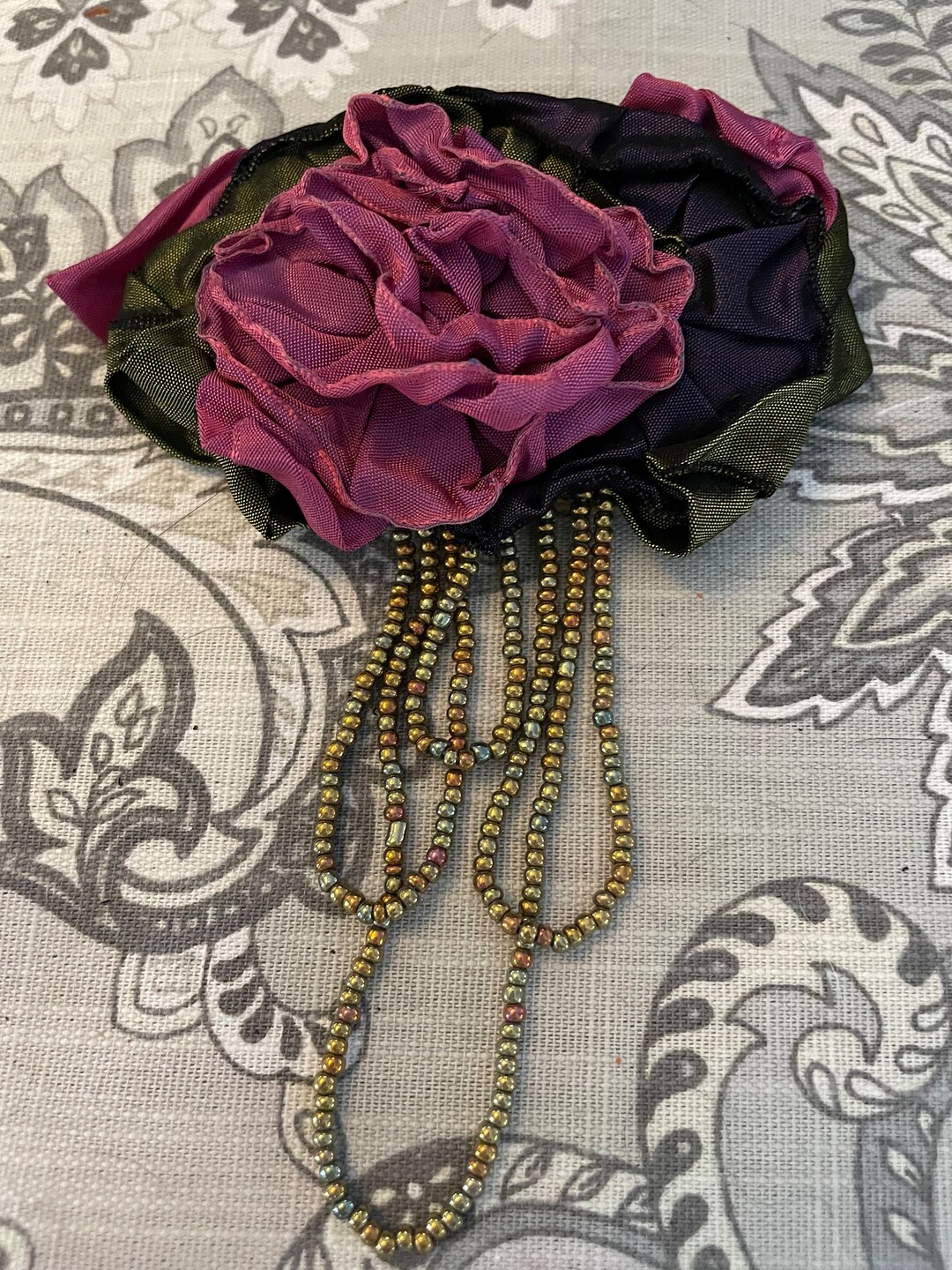 Vintage French Brooch, Silken Roses, Purple, Gold Bead Swag - Etsy