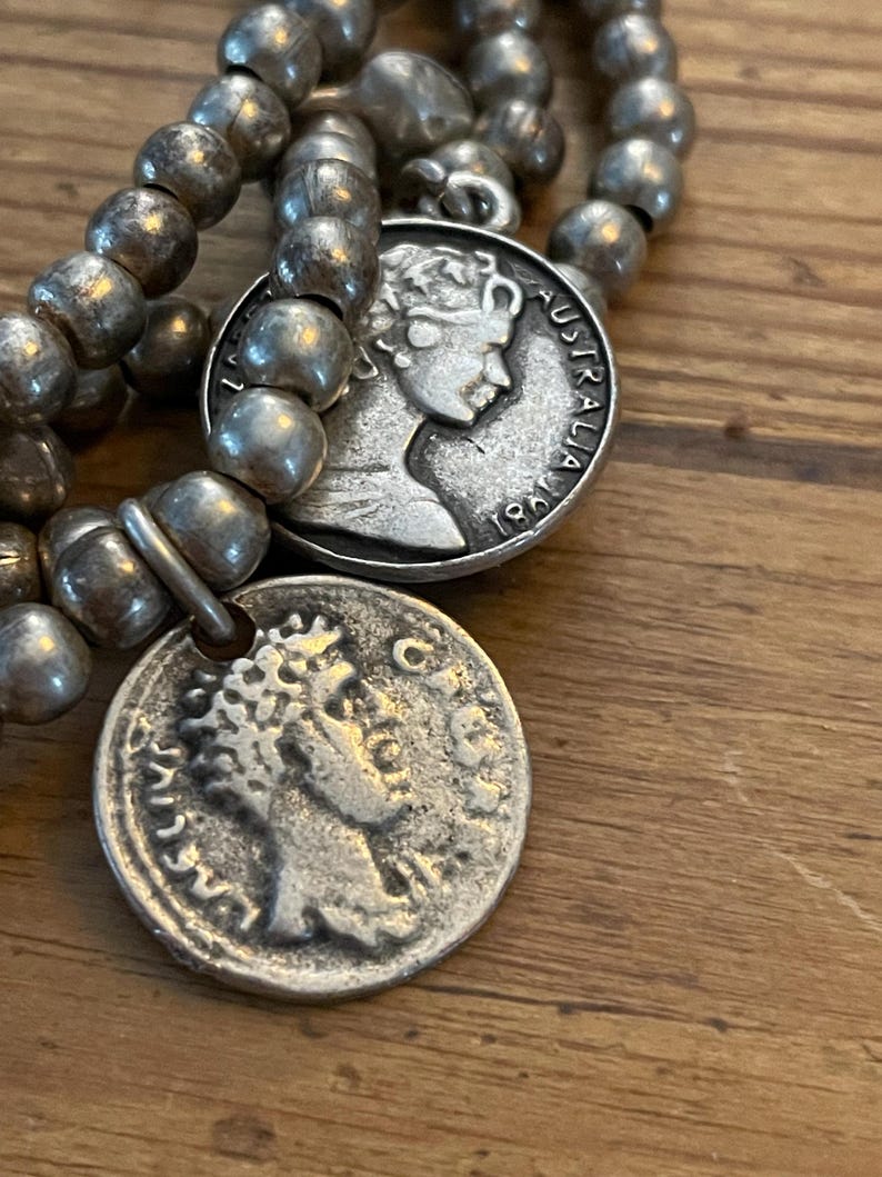Vintage Silver Plated Beaded Bracelet, Coins - Etsy