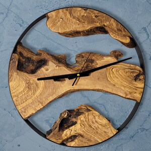Olive Wood Wall Clock: Rustic Metal Frame, Unique Home Decor - Etsy