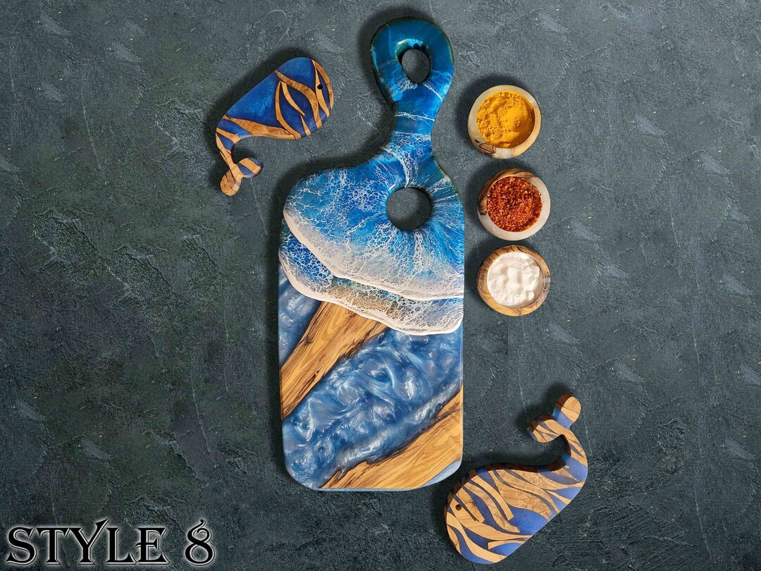 Custom Resin&olive Wood Serving Board,resin Ocean Art Serving Platter ...