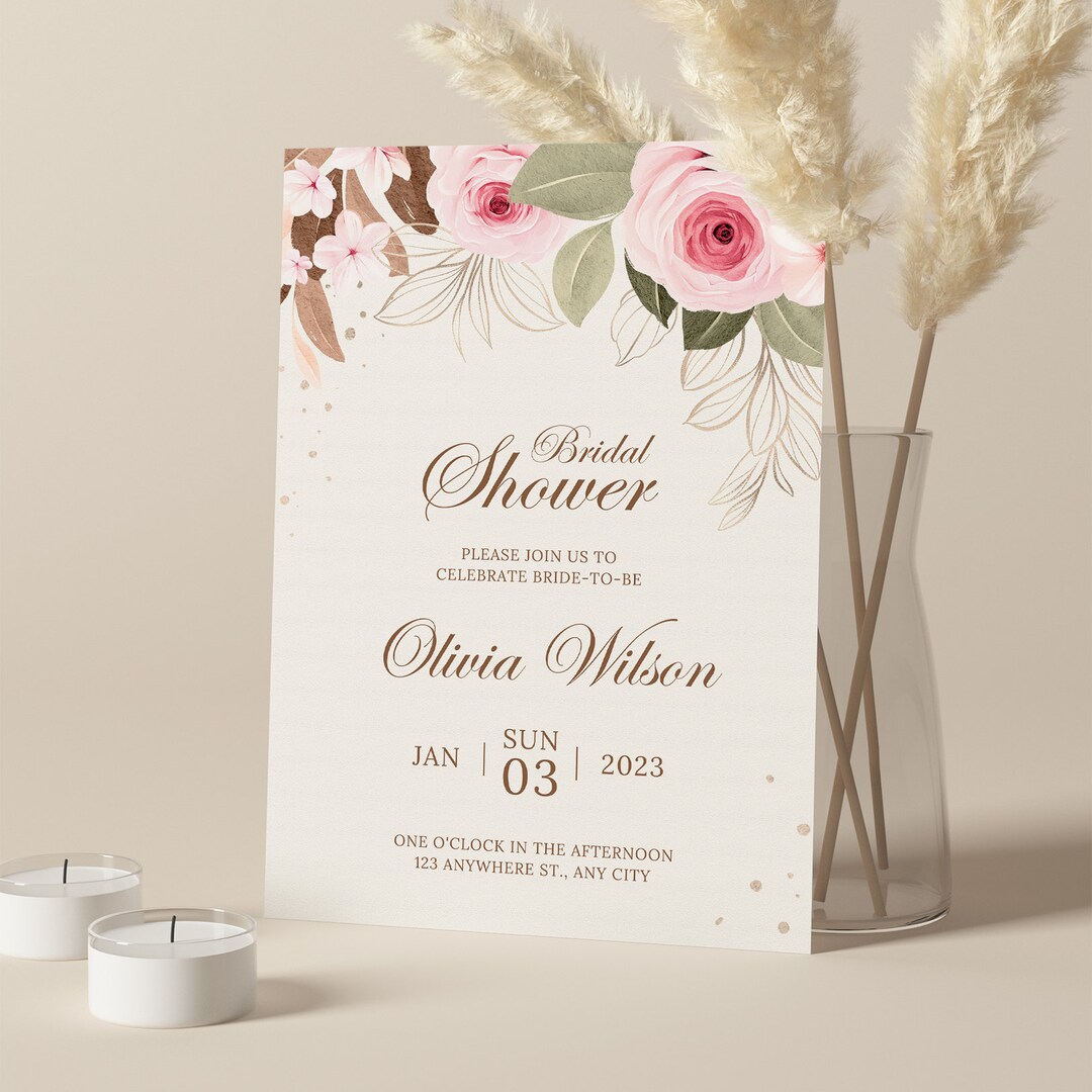 Earthy Watercolor Floral Bridal Shower Wedding Invitation, Editable ...