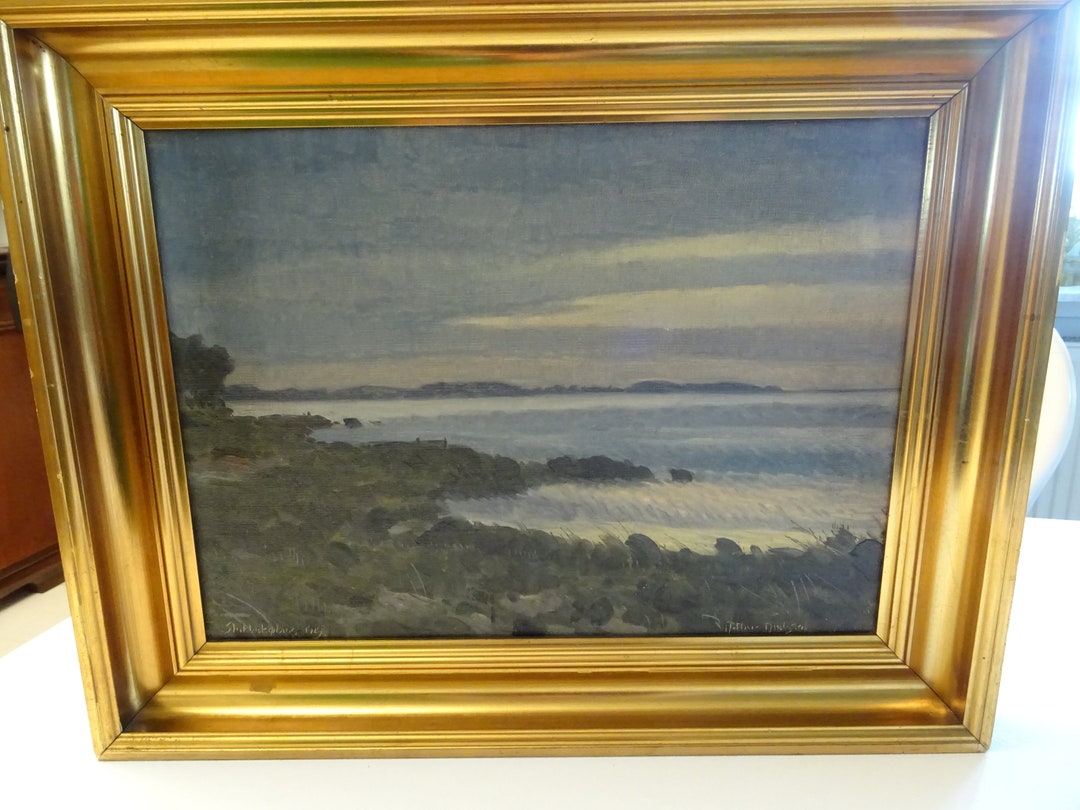Antique Oil Painting by Arthur Nielsen 1925 Seascape Framed Gold Frame ...