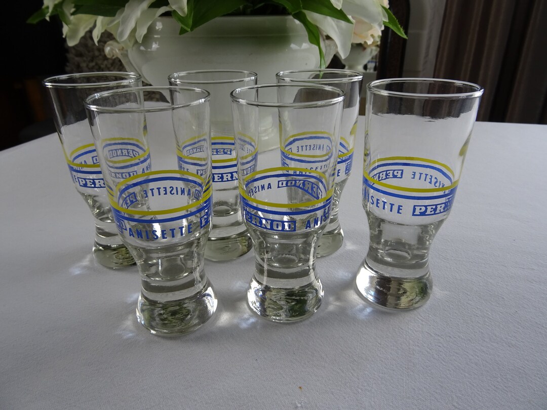 Set of 6 Pastis Glasses 70s Pernod Anisette Yellow Blue France Bar ...