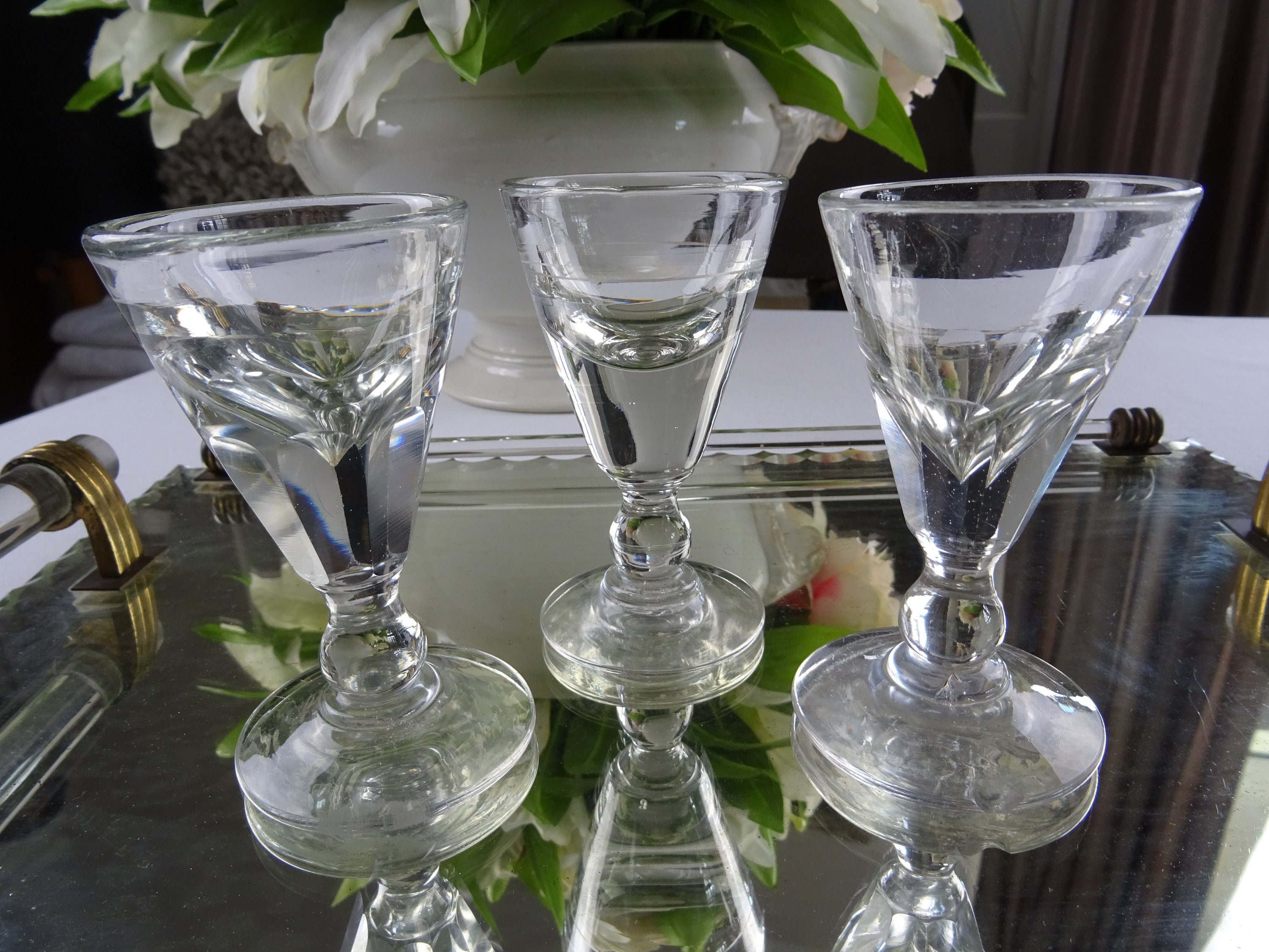 3 Antique Bistro Glasses Thick Cut Glass Calibration Mark Unique ...
