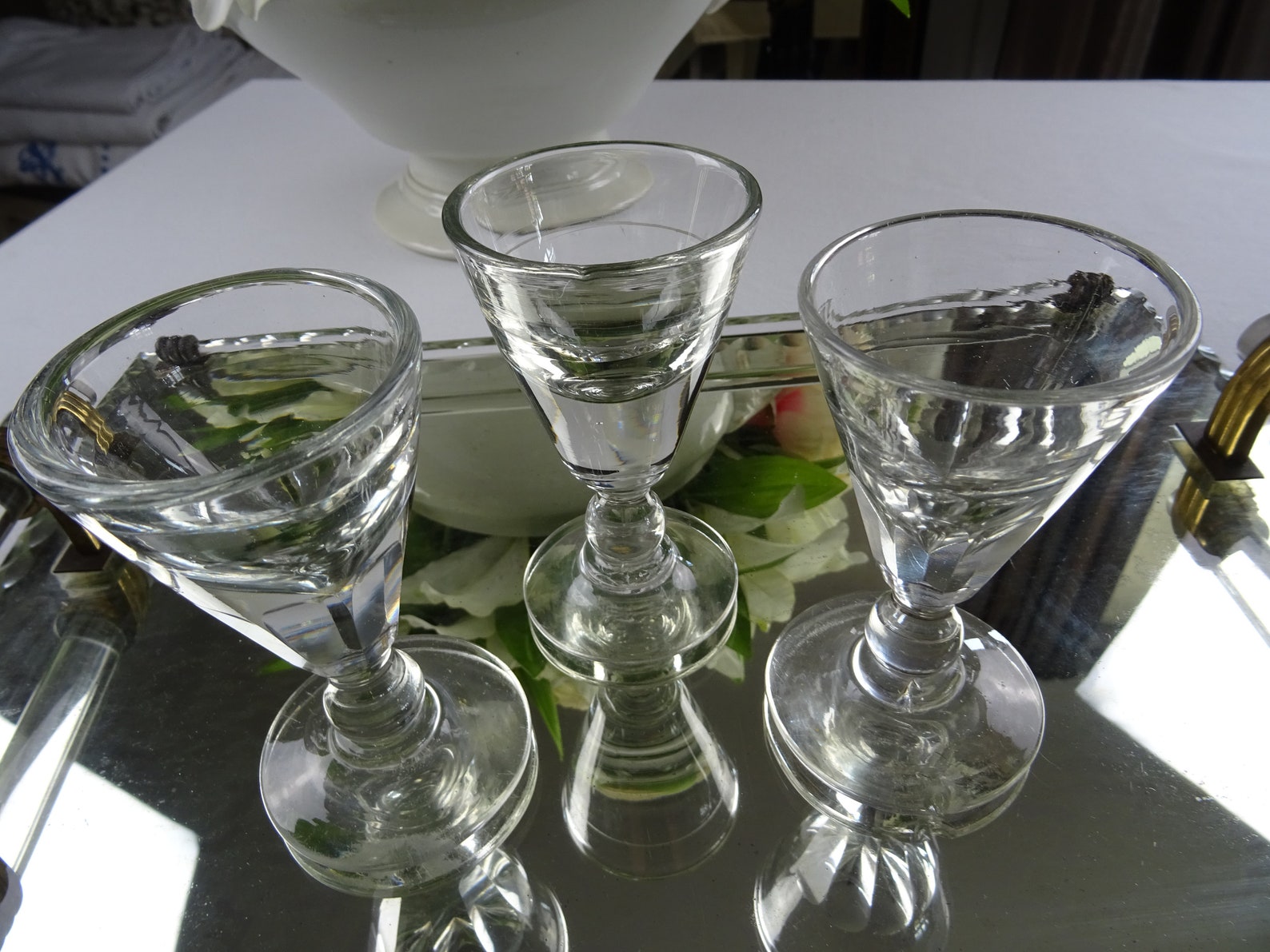 3 Antique Bistro Glasses Thick Cut Glass Calibration Mark Unique ...