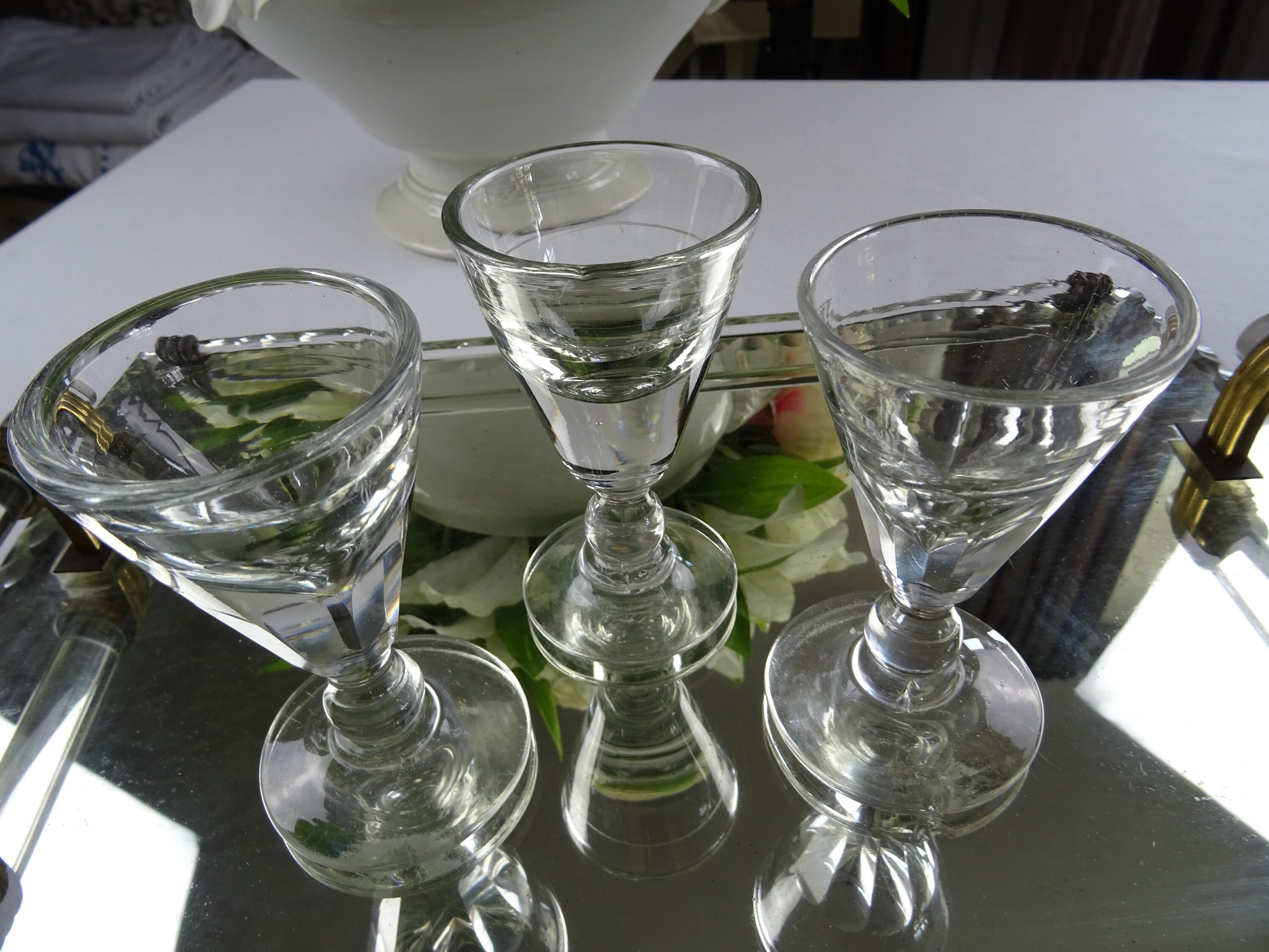 3 Antique Bistro Glasses Thick Cut Glass Calibration Mark Unique ...