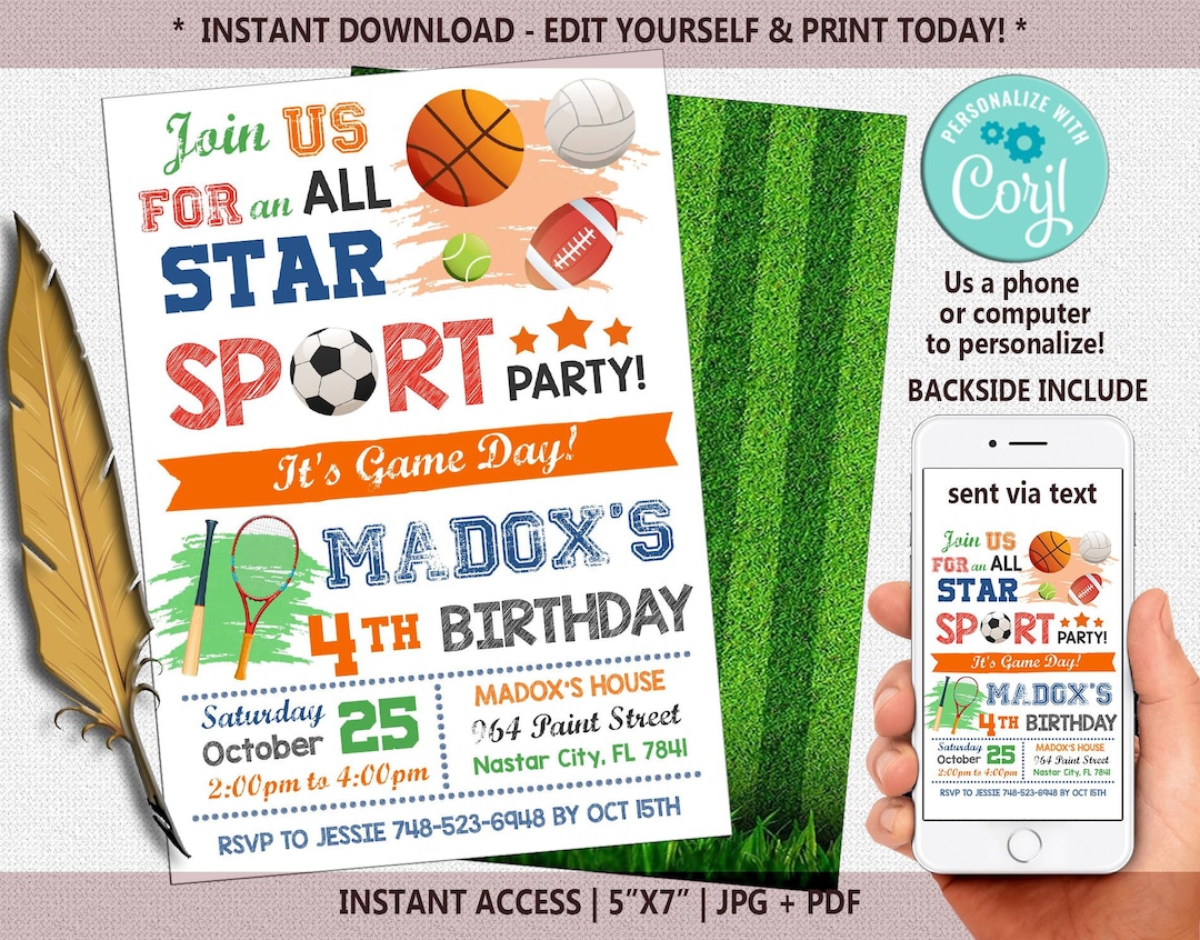 Editable Sports Birthday Invitation, All Star Sports Inviattion, All ...