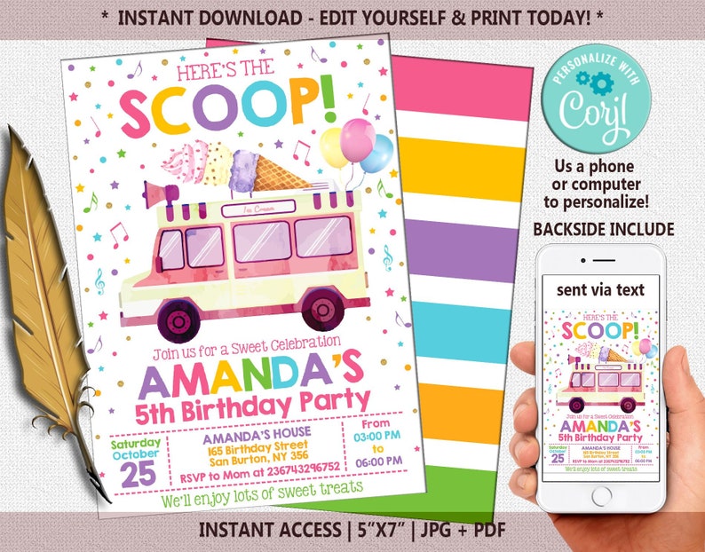 Editable Ice Cream Truck Birthday Invitation Ice Cream Truck Etsy