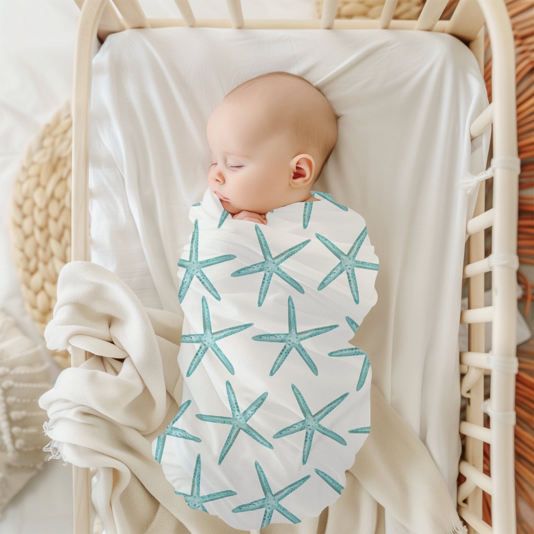 Blue Starfish Baby Blanket, Cute Baby Swaddle, Newborn Baby Gift ...