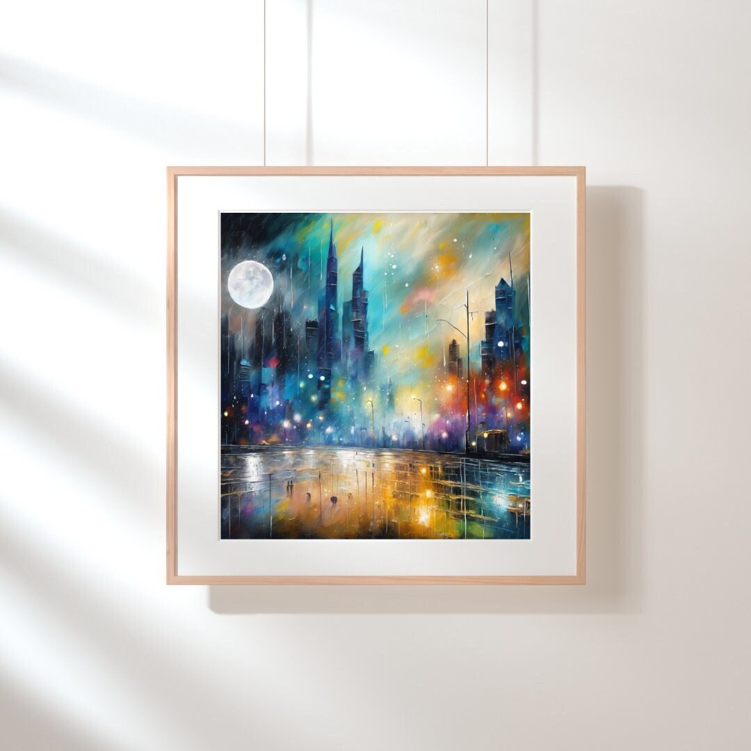 Colorful Night Cityscape Art Print, Vibrant Magical Town, Magical Night ...