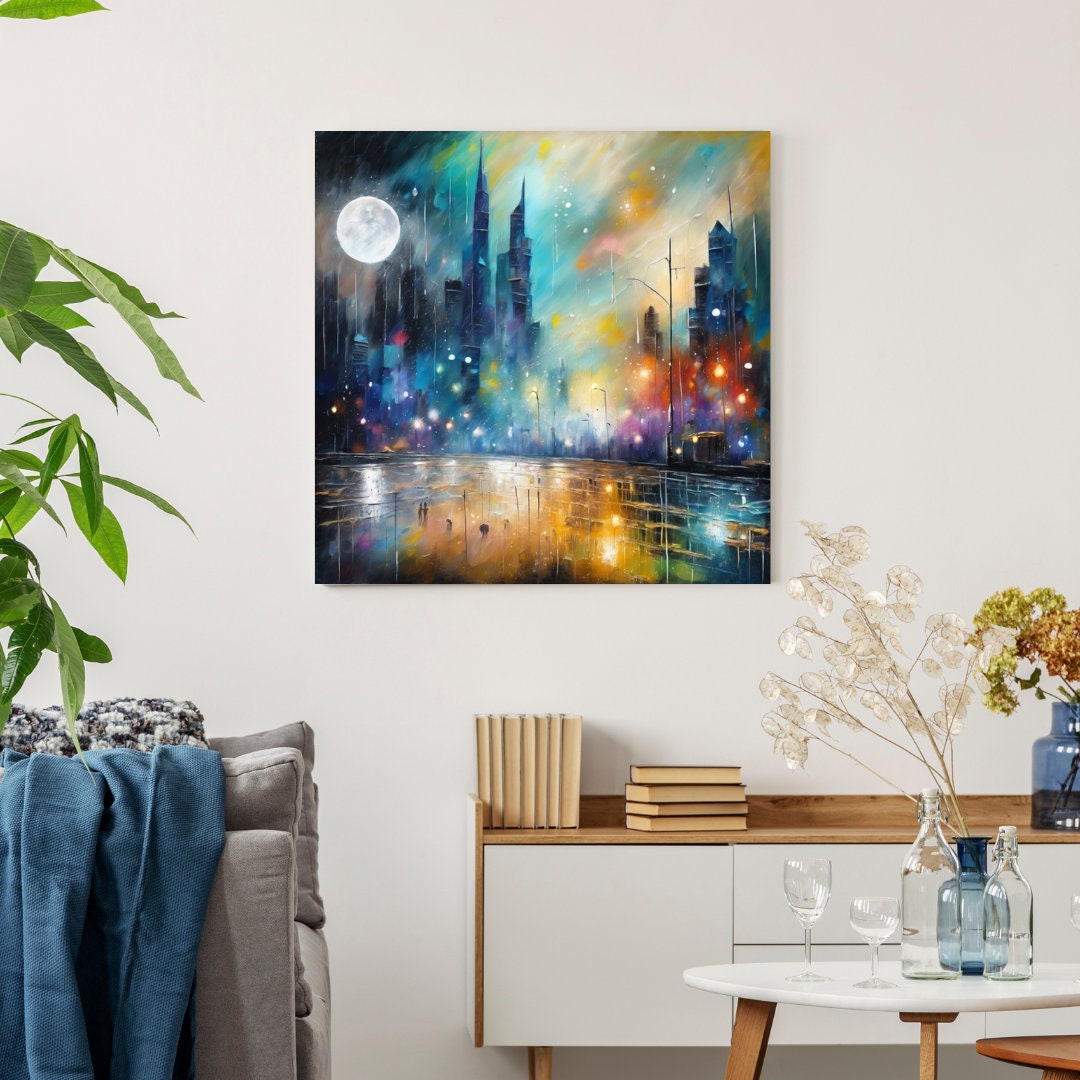 Colorful Night Cityscape Art Print, Vibrant Magical Town, Magical Night ...