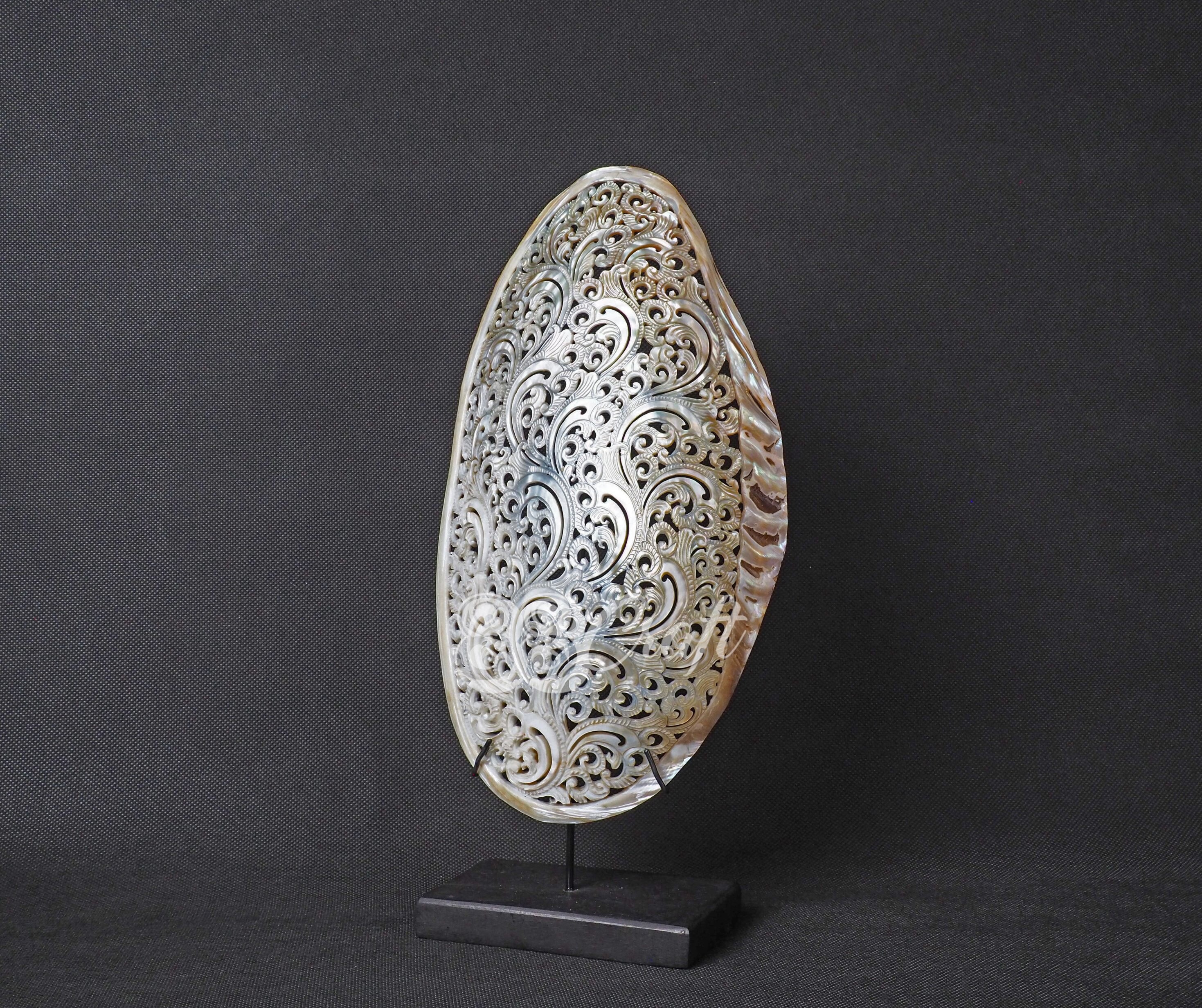 Natural Mussels Clam Shell Carving Leaves Model on Stand Large Size ...