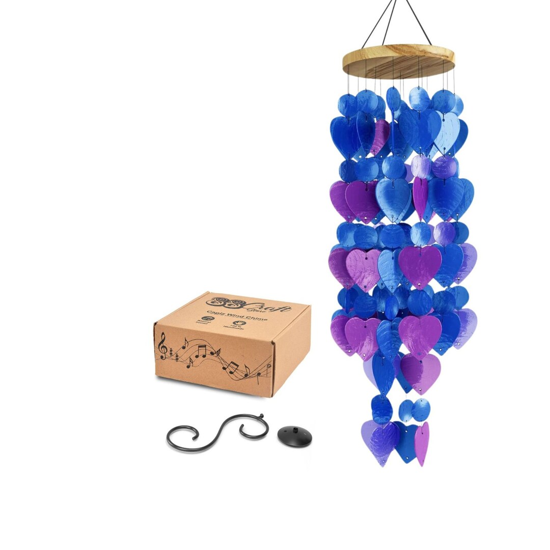 Capiz Shell Wind Chimes Heart Vibrant Blue Purple Come With Wall Stand ...