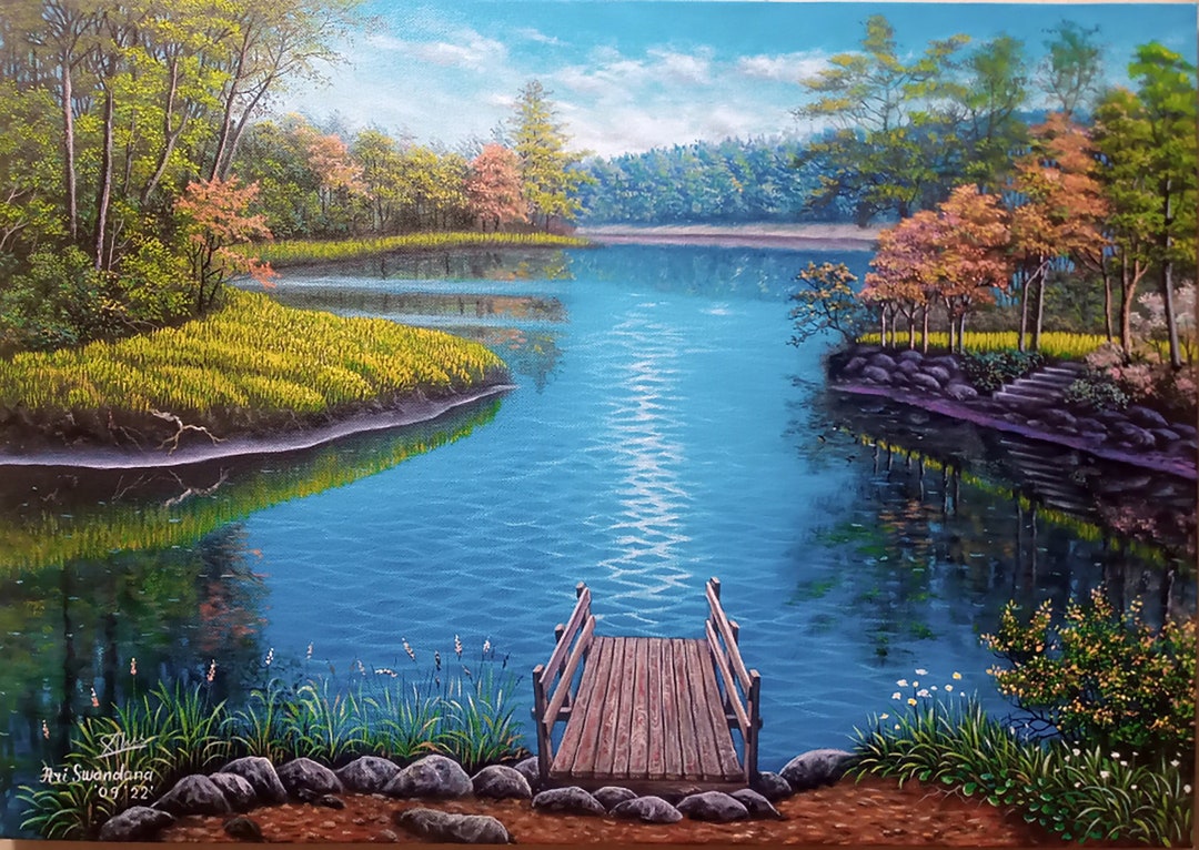 Blue River Landscape Natural Scenery Hand Canvas Original Oil Hand ...