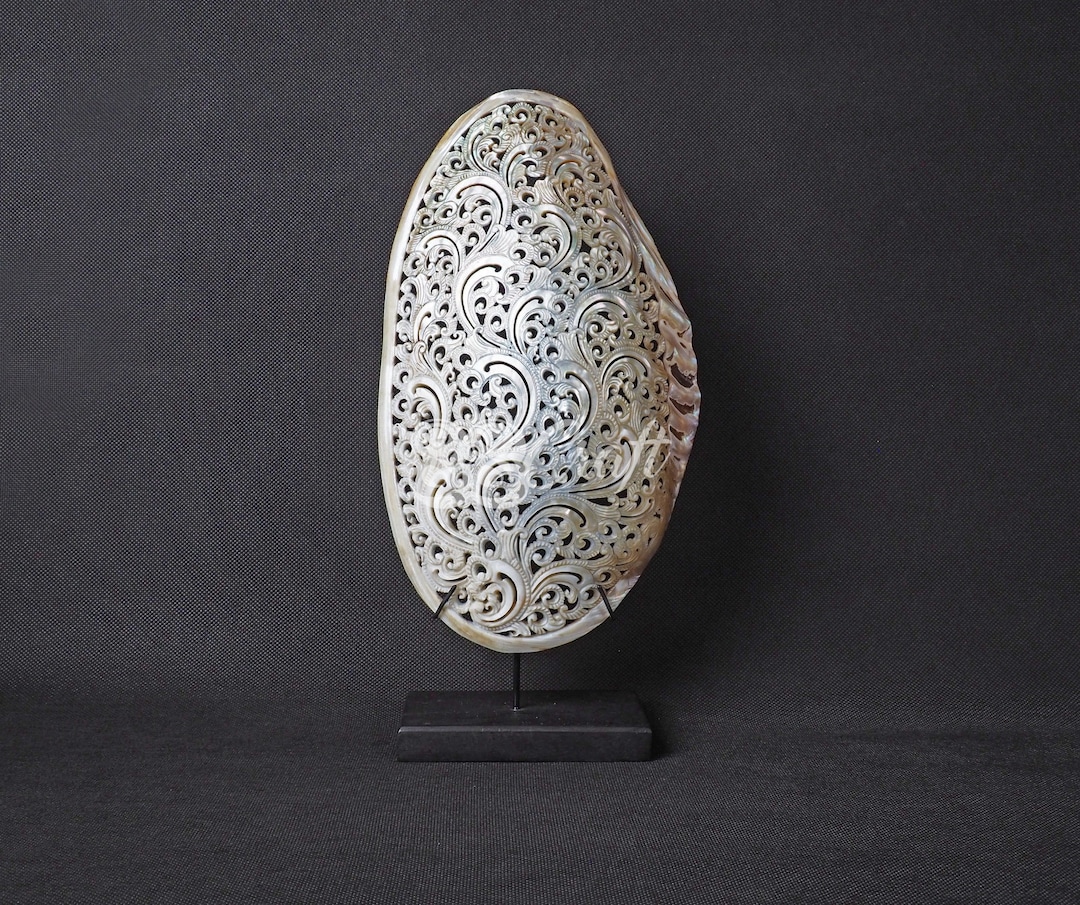 Natural Mussels Clam Shell Carving Leaves Model on Stand Large Size ...