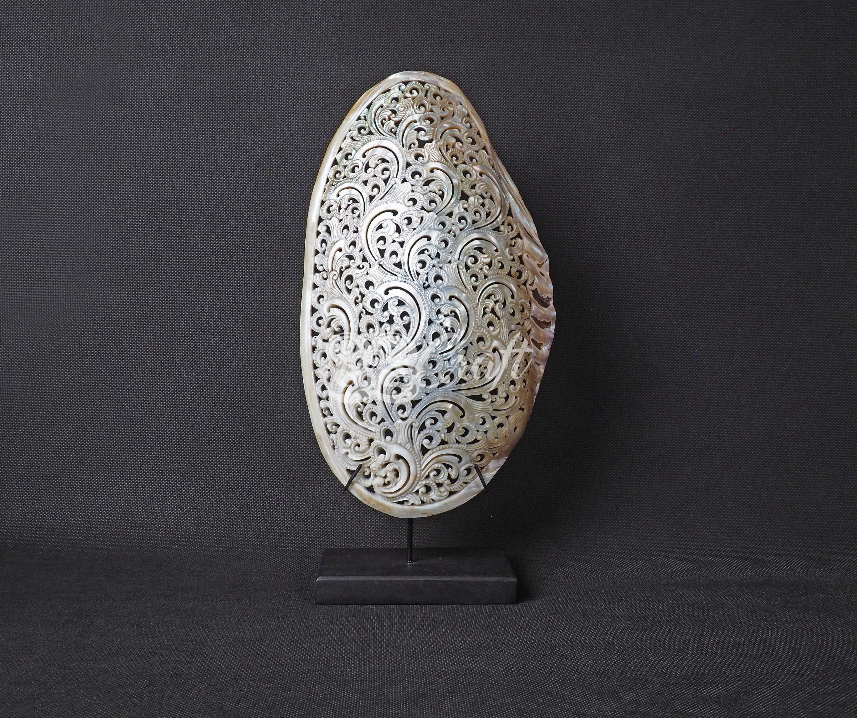 Natural Mussels Clam Shell Carving Leaves Model on Stand Large Size ...