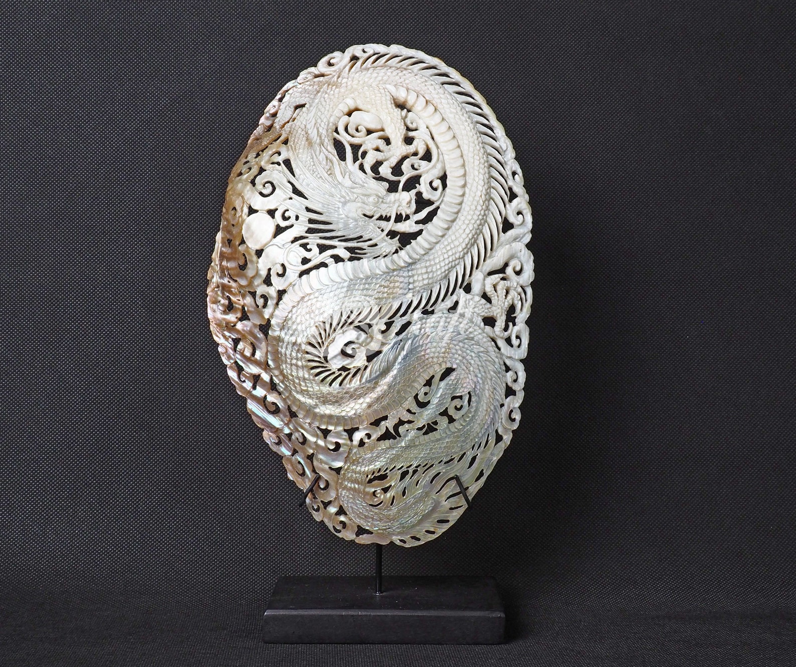 Natural Mussels Clam Shell Carving Dragon Model on Stand Large Size ...