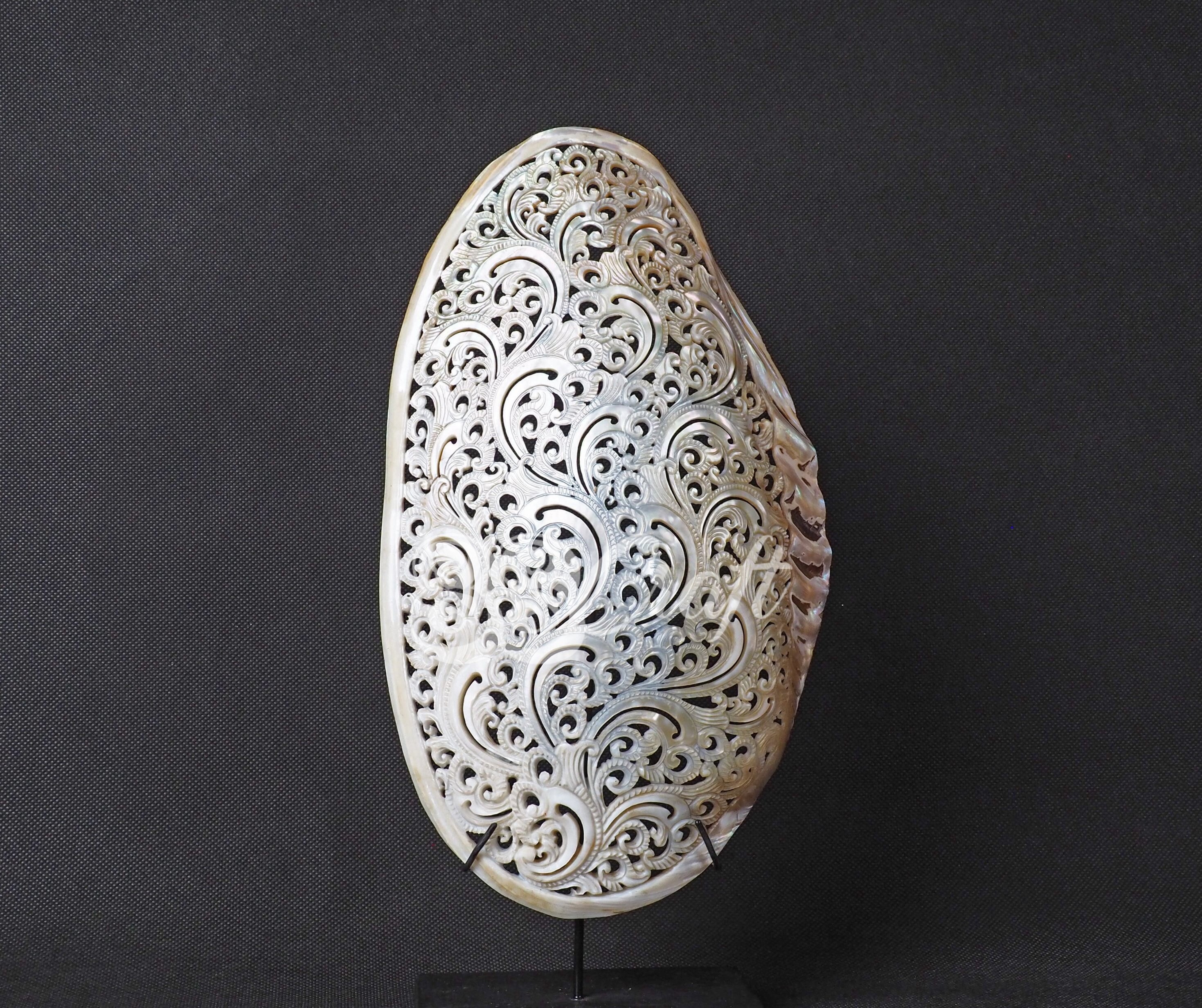 Natural Mussels Clam Shell Carving Leaves Model on Stand Large Size ...