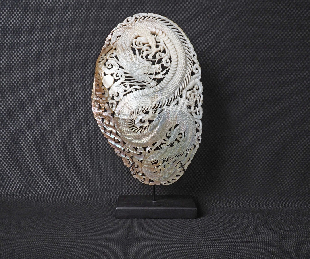 Natural Mussels Clam Shell Carving Dragon Model on Stand Large Size ...