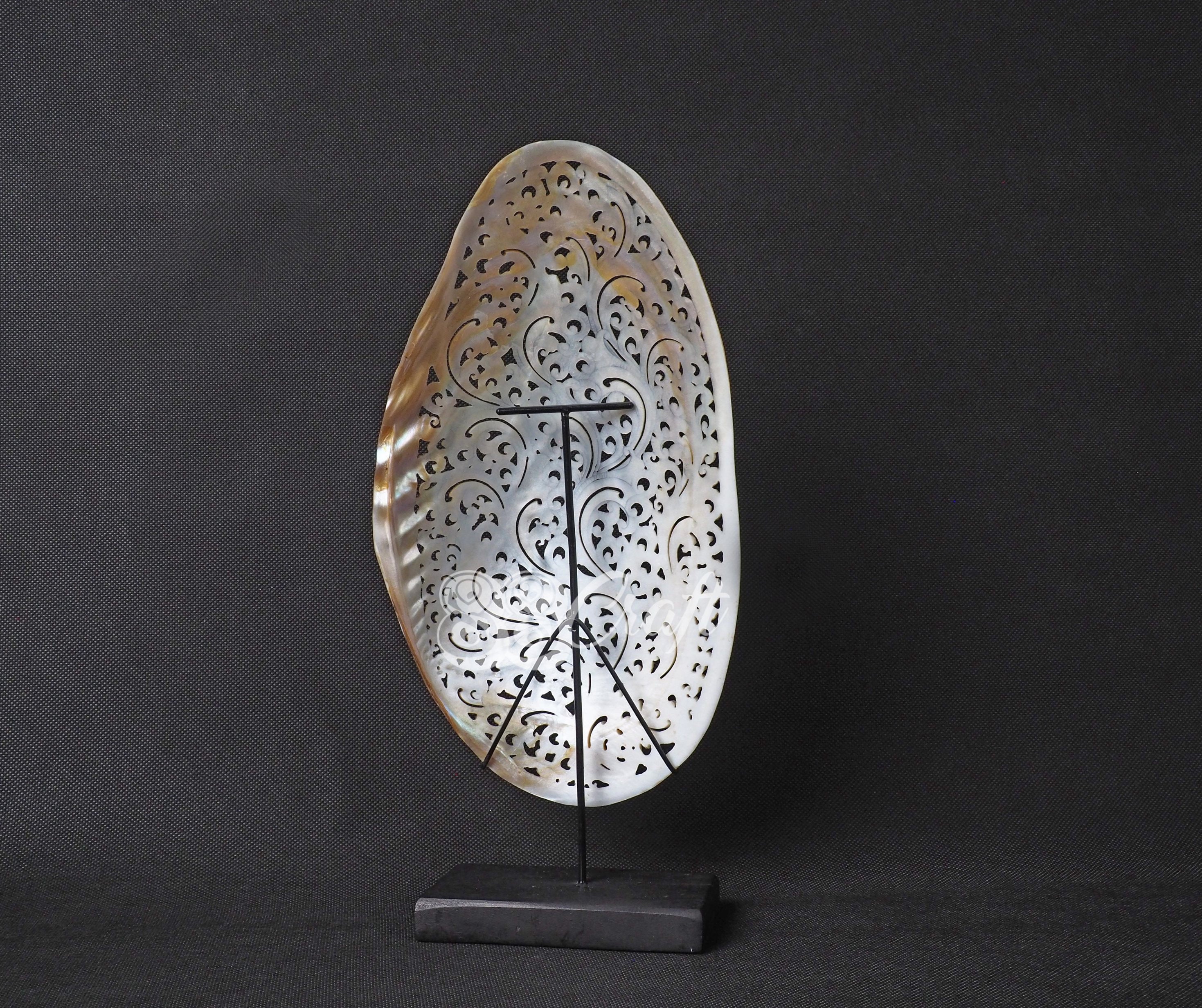 Natural Mussels Clam Shell Carving Leaves Model on Stand Large Size ...