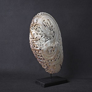 Natural Mussels Clam Shell Carving Dragon Model on Stand Large Size ...